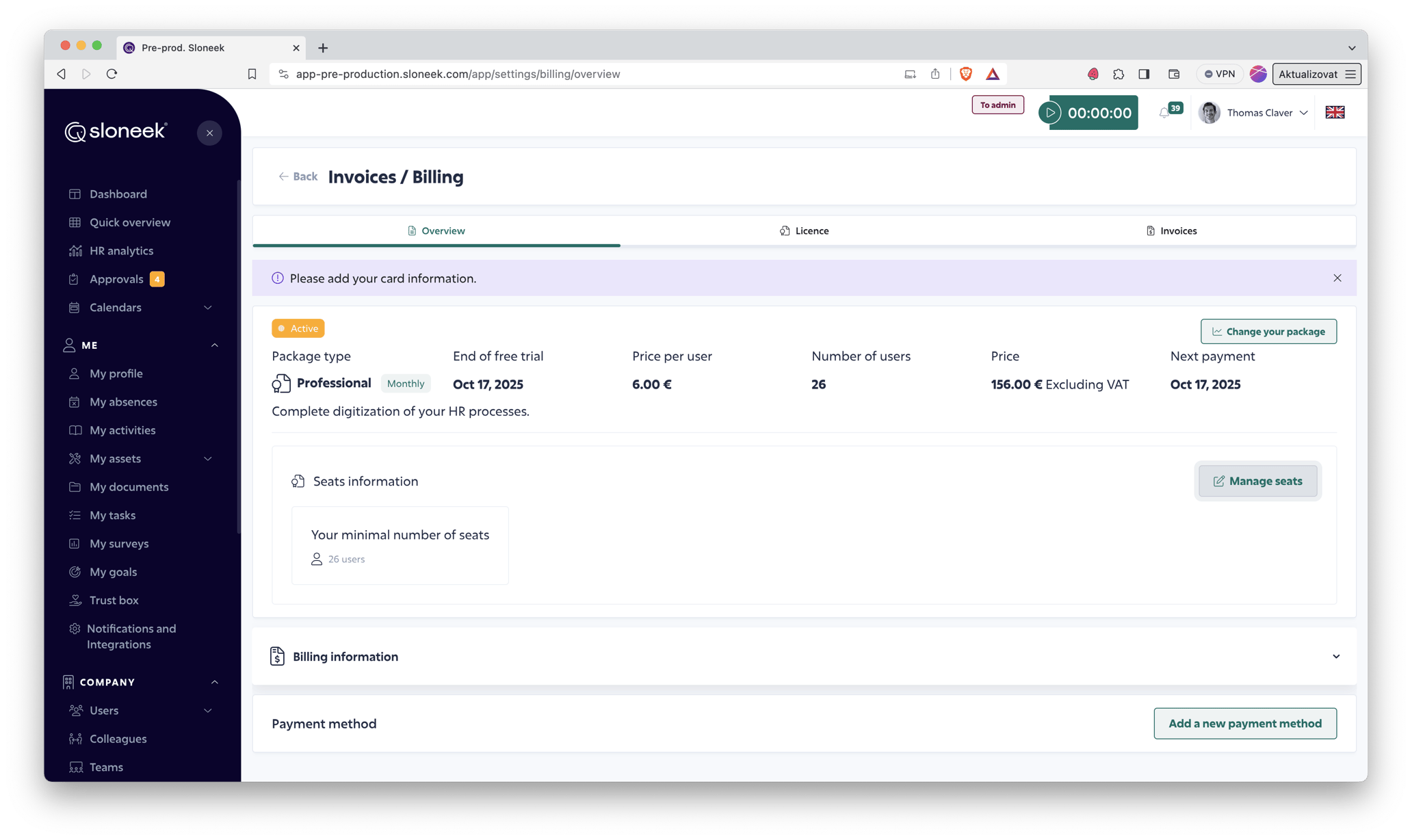 Overview of the current licence and invoices