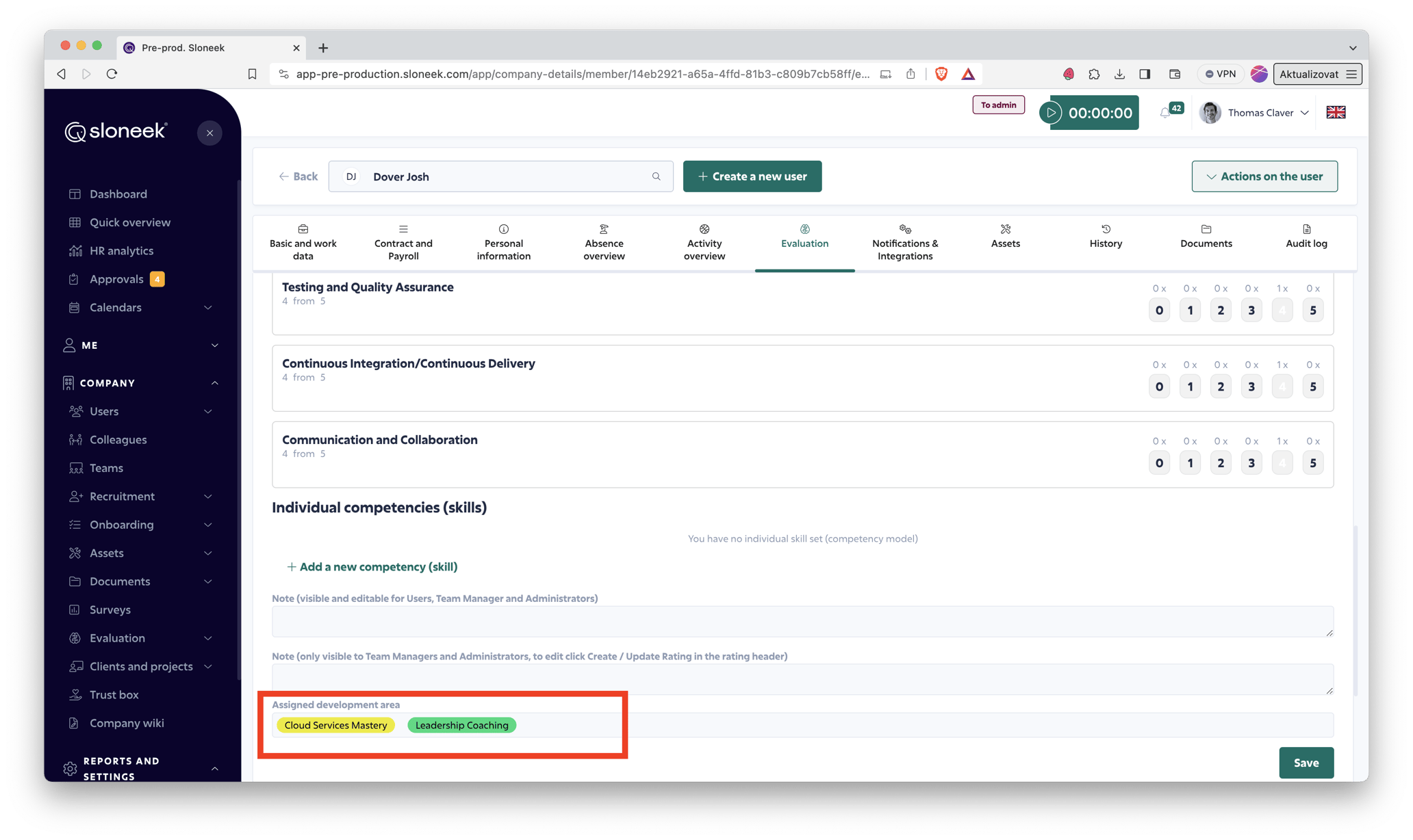 Reporting of evaluation results and assignment of development areas