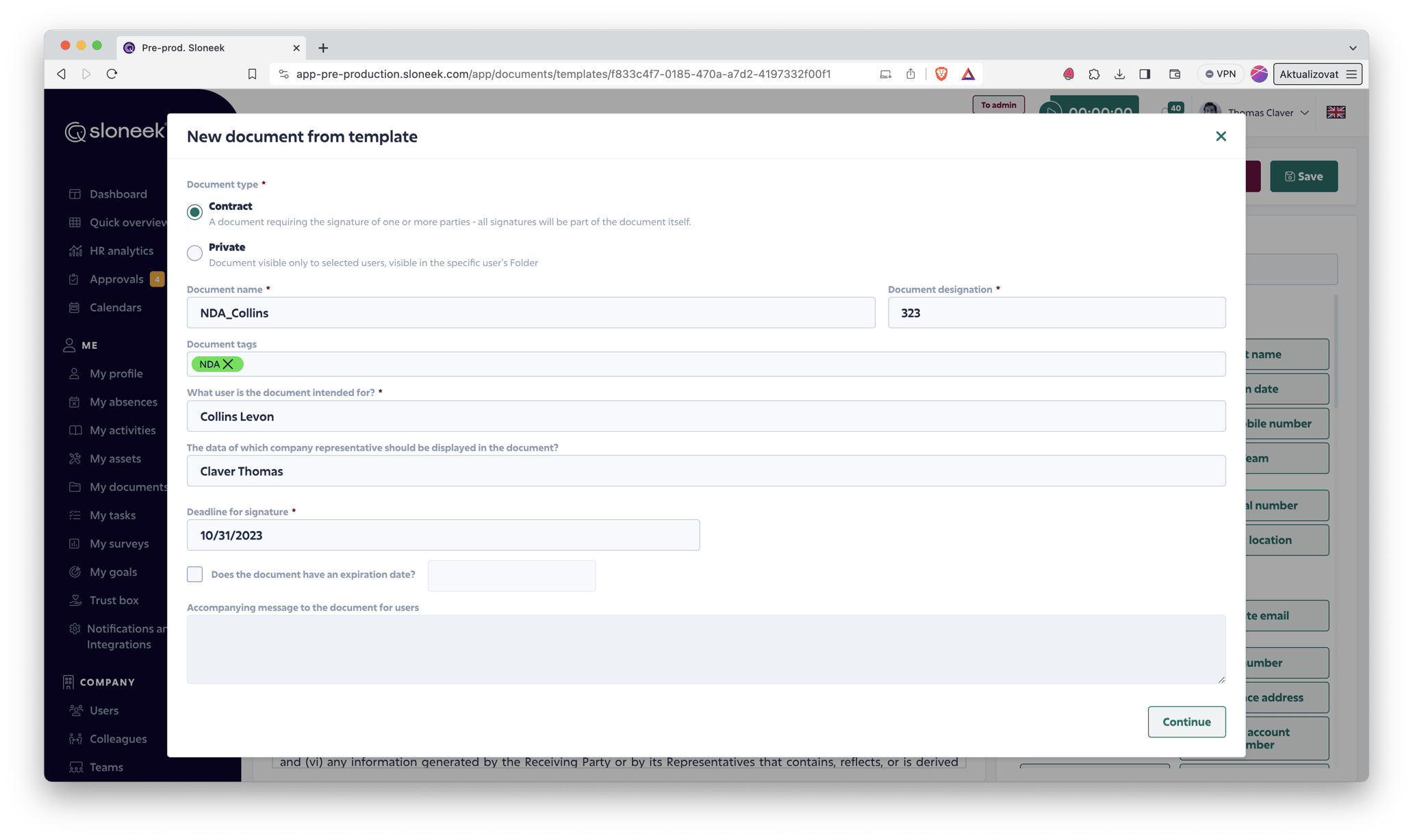 Creating a document from a template